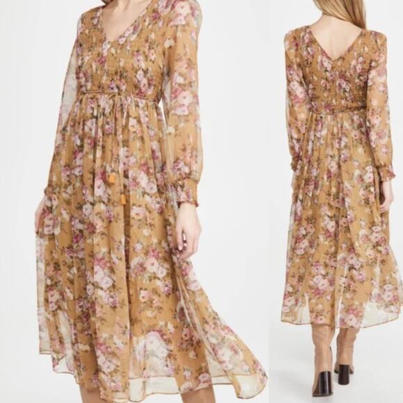 o.p.t | Dresses | Opt Floral Mustard Yellow Sheer Smocked Maxi Dress ...